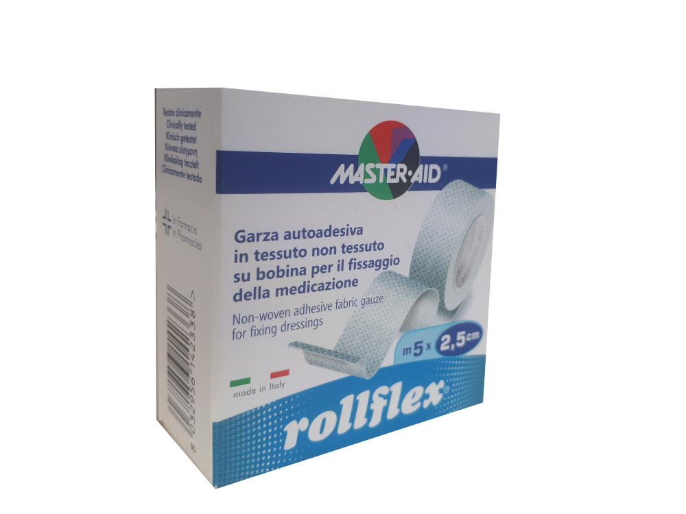 Master Aid Rollflex garza autoadesivain tnt su bobina (5mx2,5cm)